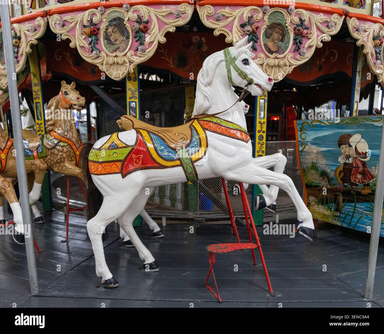 Close-up of a painted carousel horse on a vintage merry-go-round ...
