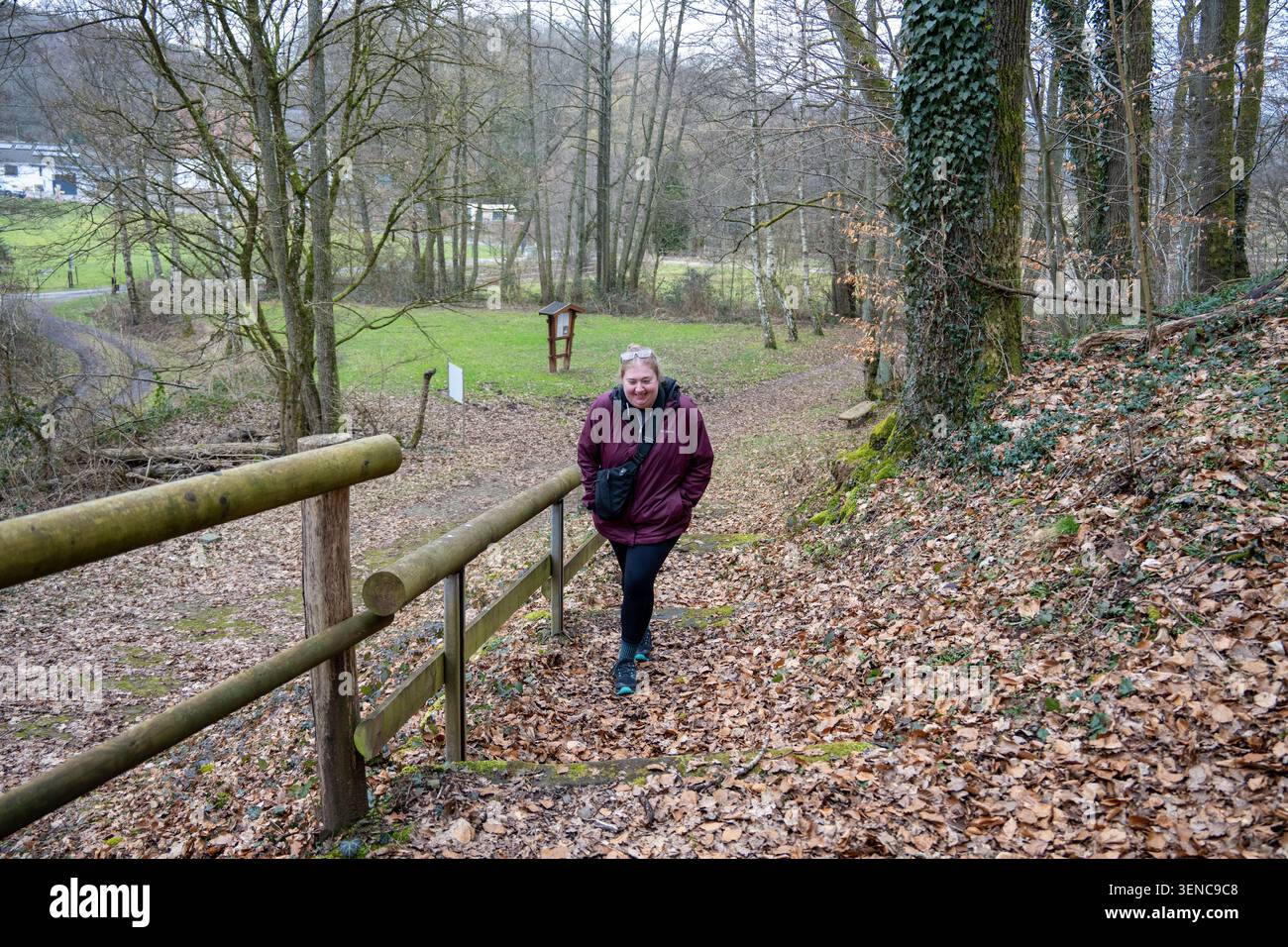 Woman walking up rustic steps on a leaf-covered woodland path near the ...