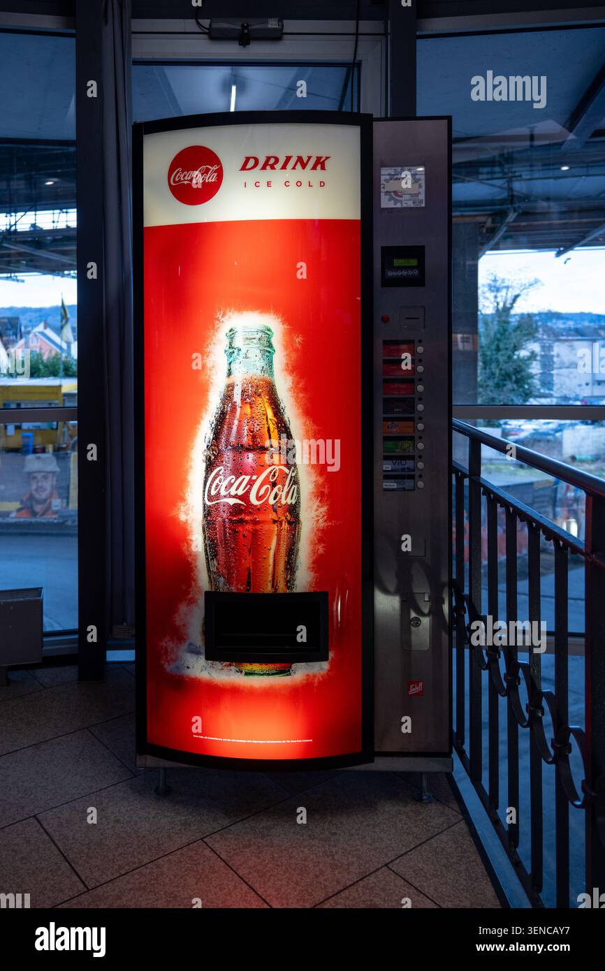 Konigswinter, Germany - 22 Feb 25: Illuminated Coca-Cola vending ...