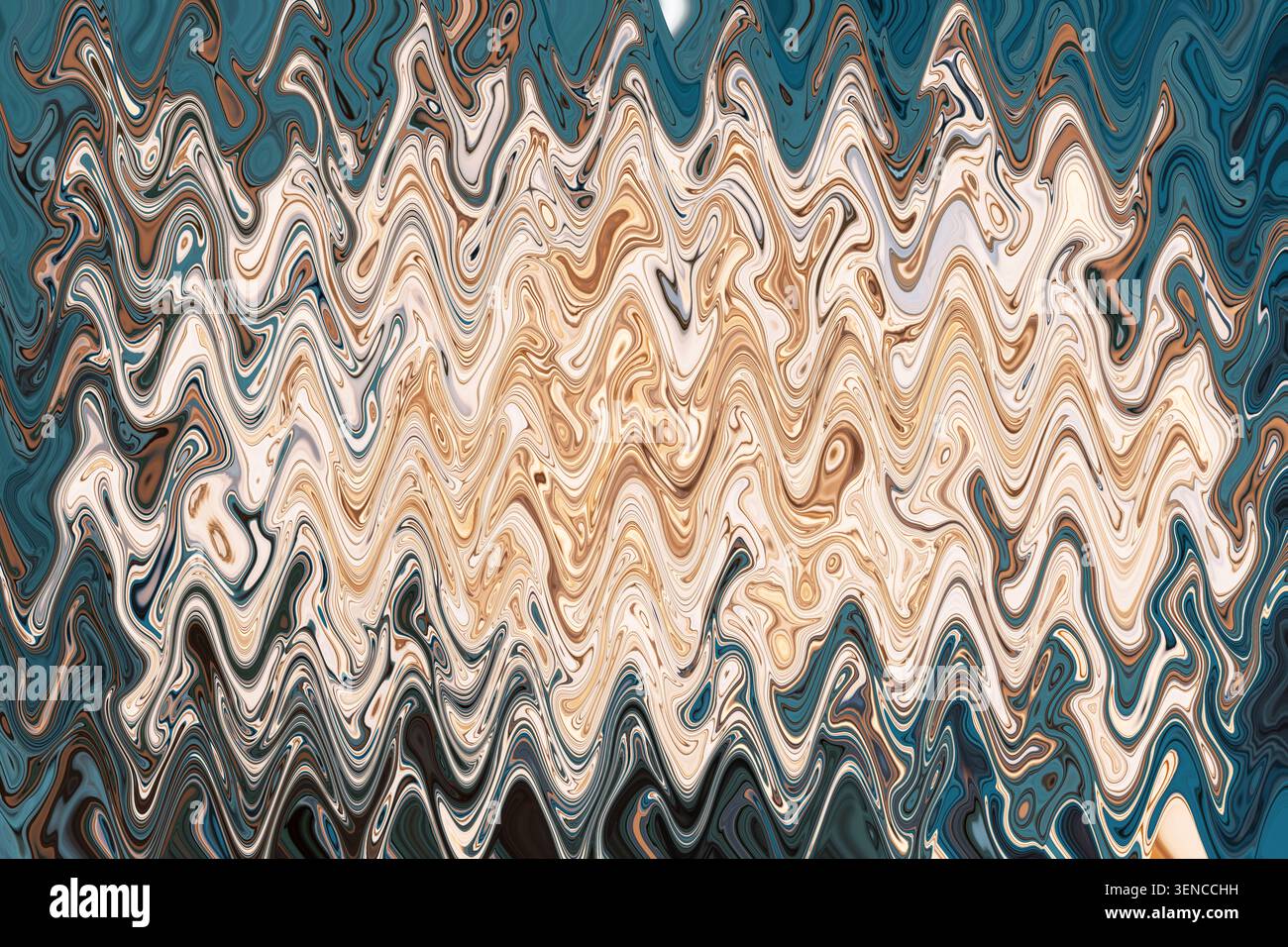 Abstract fluid art with large wave pattern in teal blue beige brown and ...