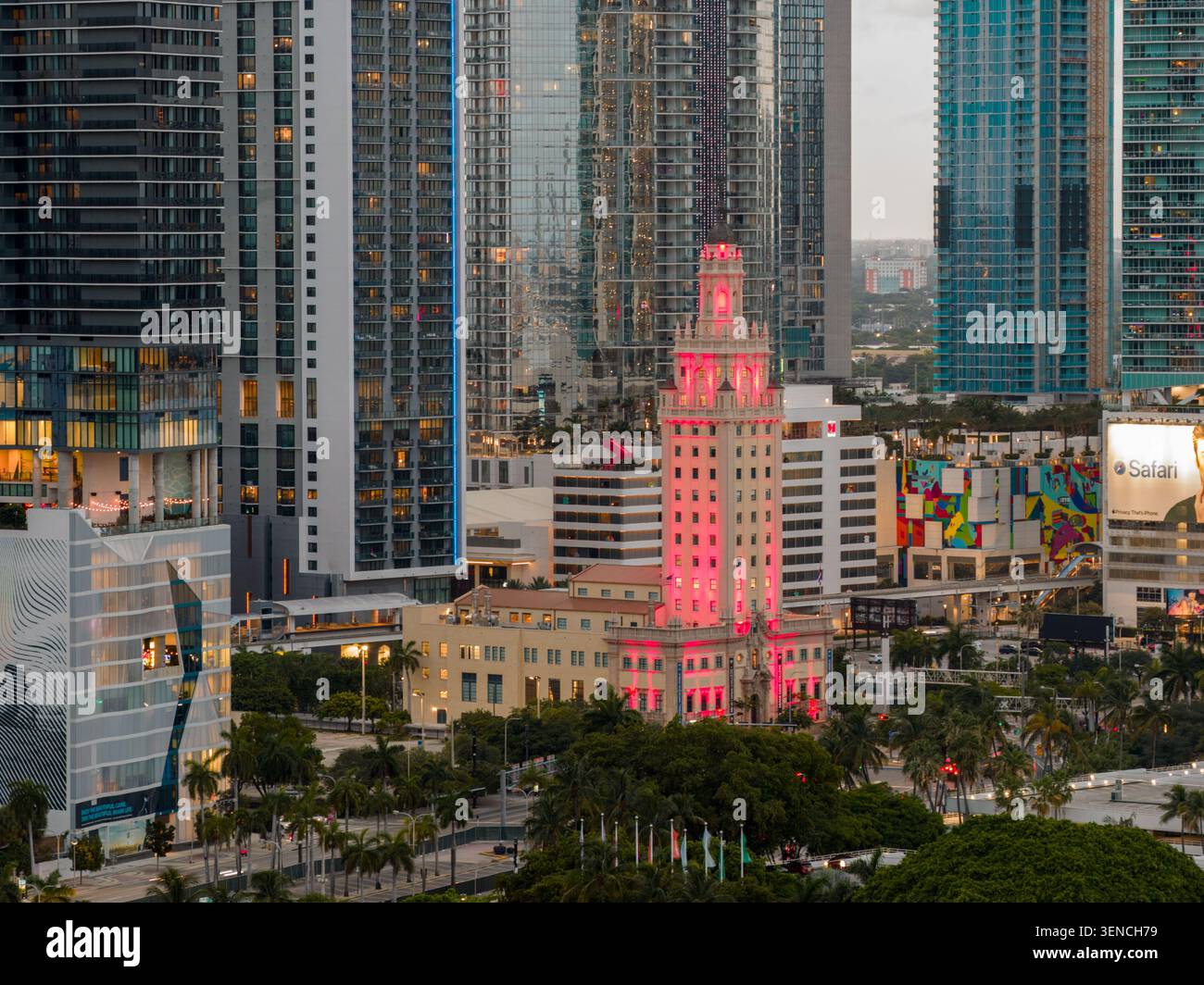 Miami, FL, USA - June 8, 2026: Aerial photo Miami Freedom Tower lit red ...