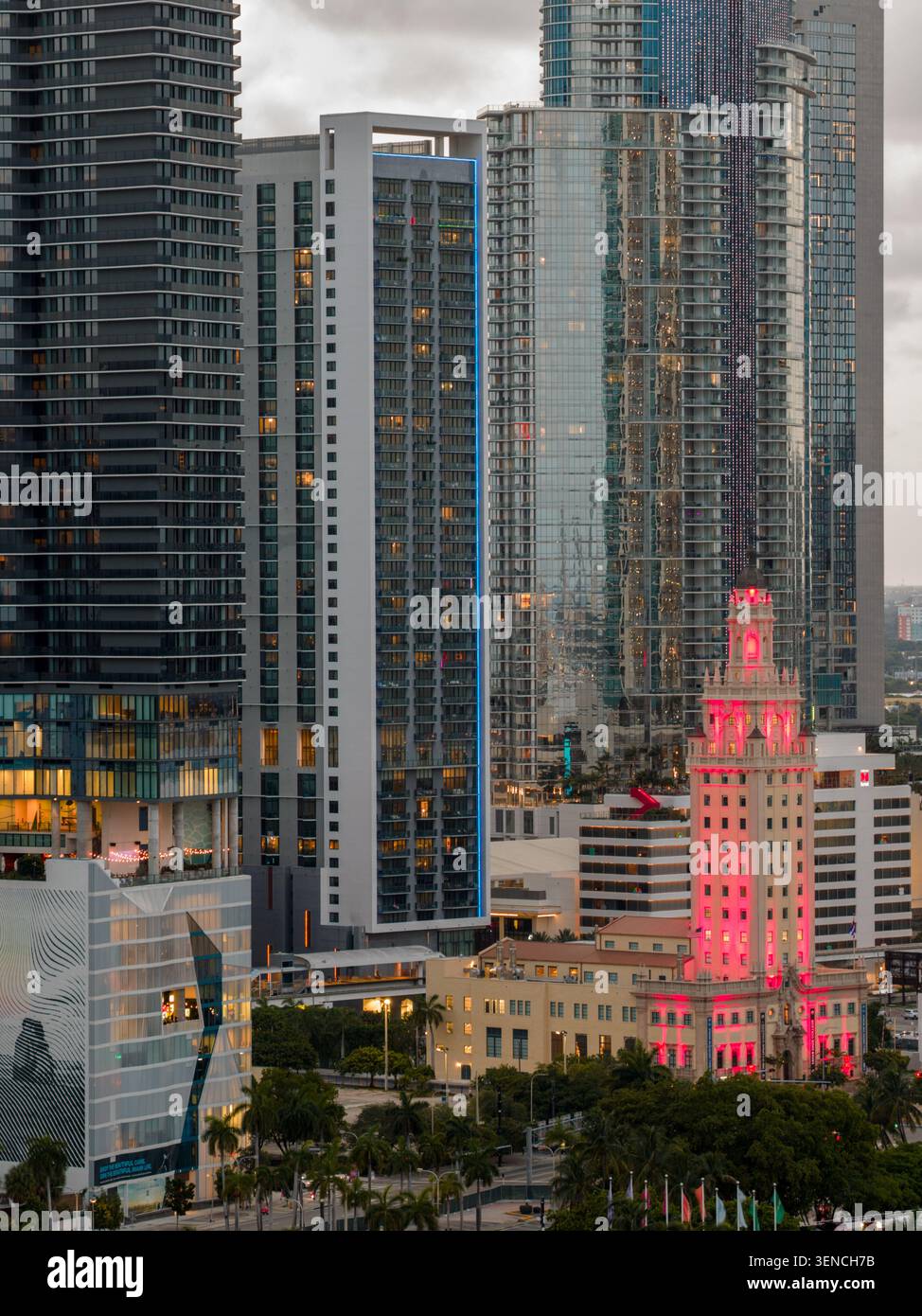Miami, FL, USA - June 8, 2026: Aerial photo Miami Freedom Tower lit red ...