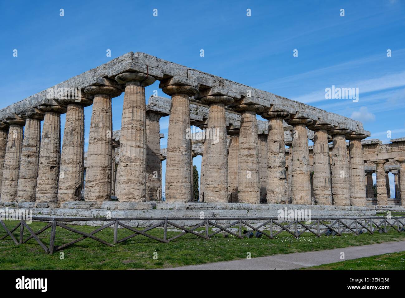 Ancient Doric temple at Paestum framed by trees, with mountains in the ...