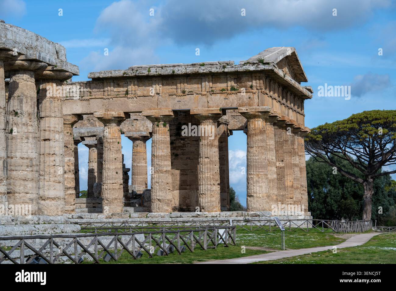 Side view of an ancient Greek Doric temple with columns and entablature ...