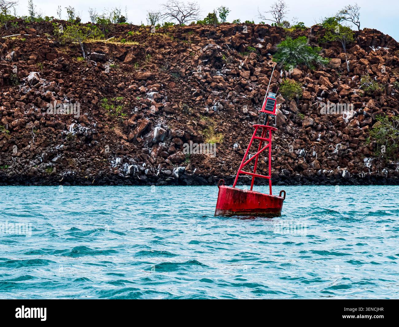 Red maritime navigation buoy floating in turquoise ocean waters near a ...