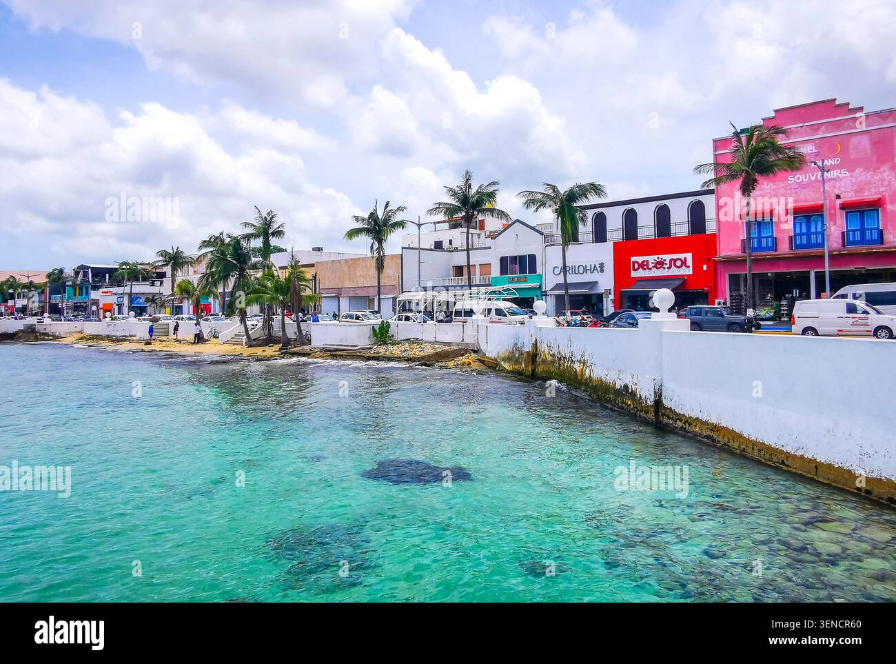 Vibrant tropical ocean panorama with palm coastline and island harbor ...