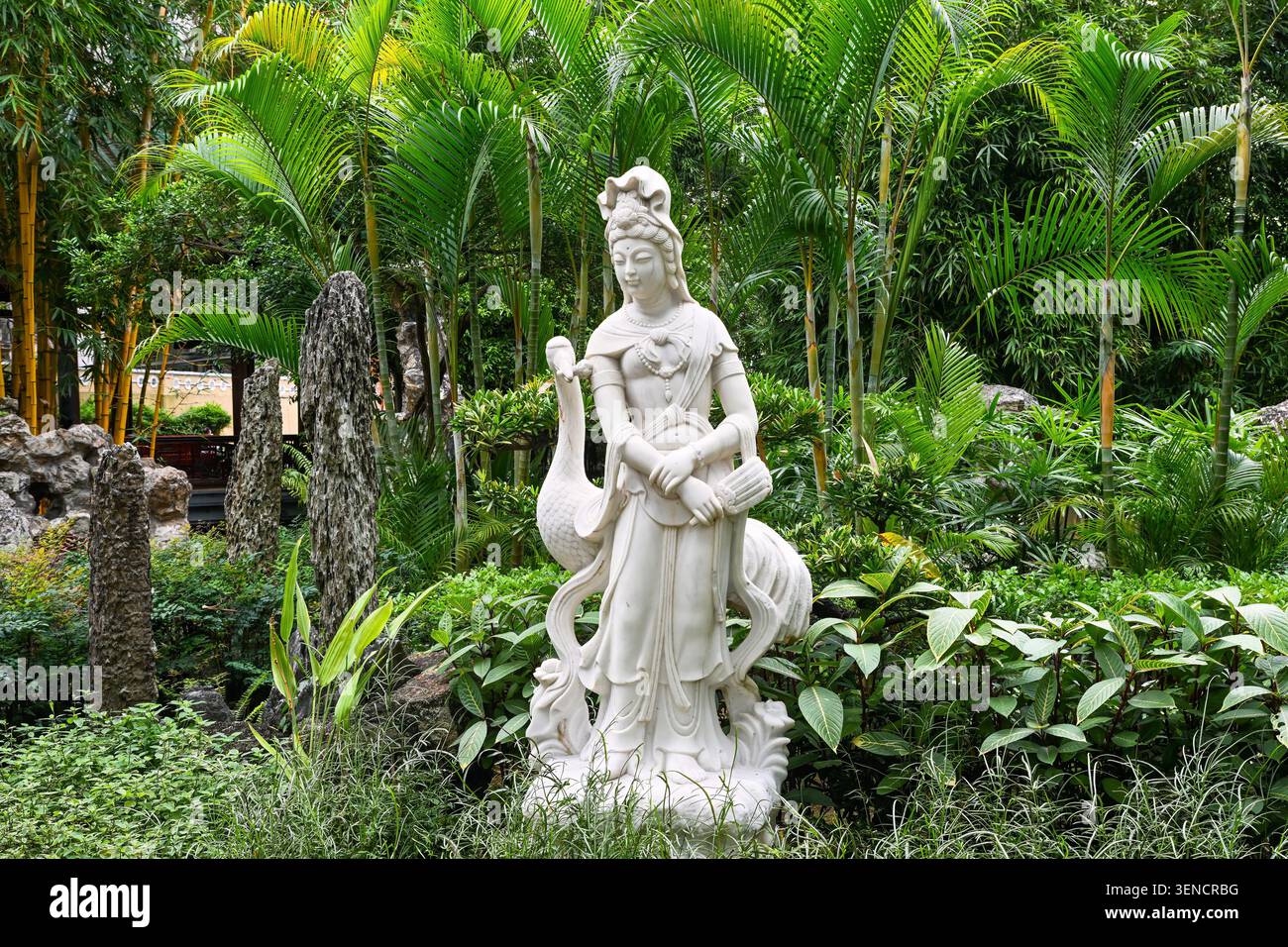 MACAU, CHINA, APRIL 1 2026, White marble statue of goddess guanyin next ...