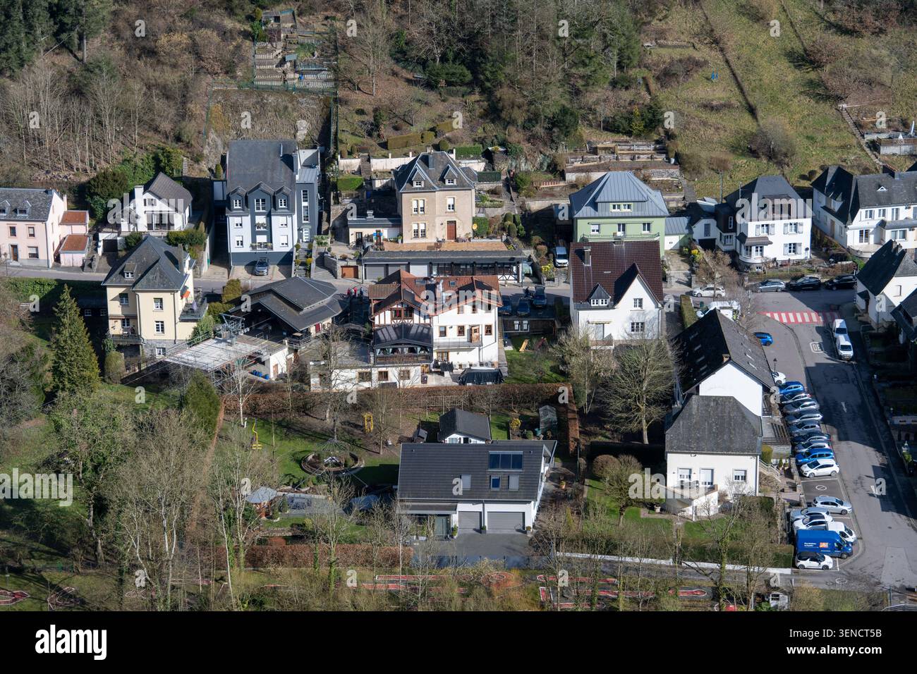 High-angle view of residential buildings and streets in Vianden ...