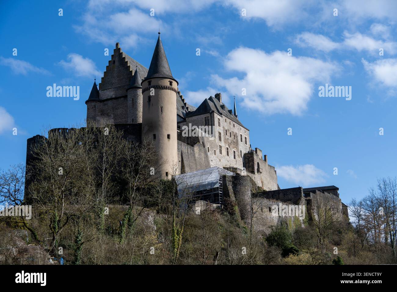 Exterior view of Vianden Castle with towers and fortifications on a ...