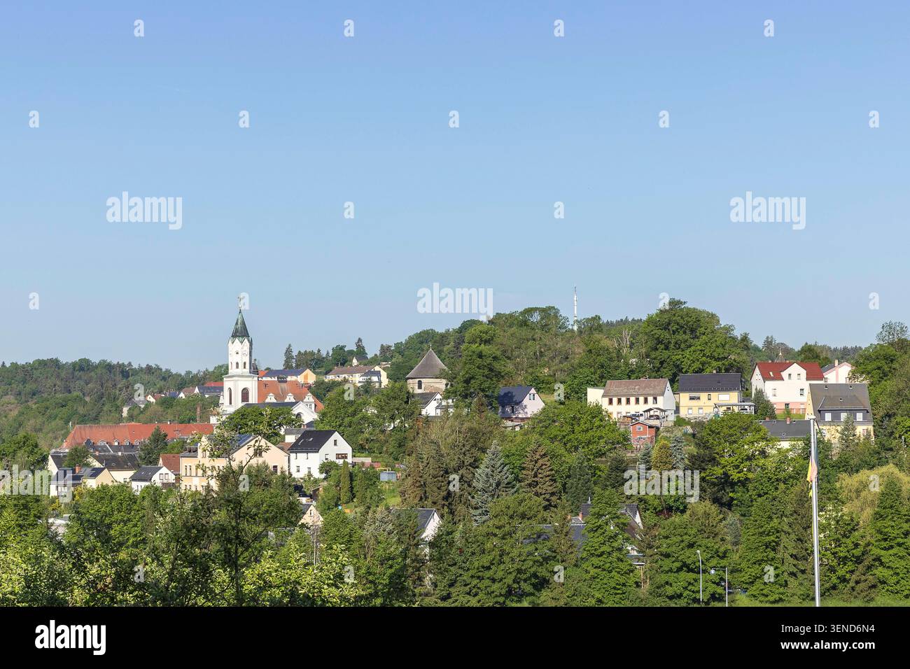 Stadtansicht mit Laurentiuskirche und Burgruine Elsterberg, Vogtland ...