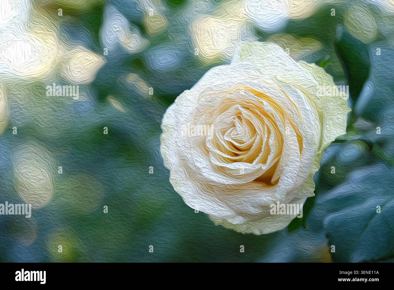 Abstract oil painting style ivory cream white rose with green bokeh ...