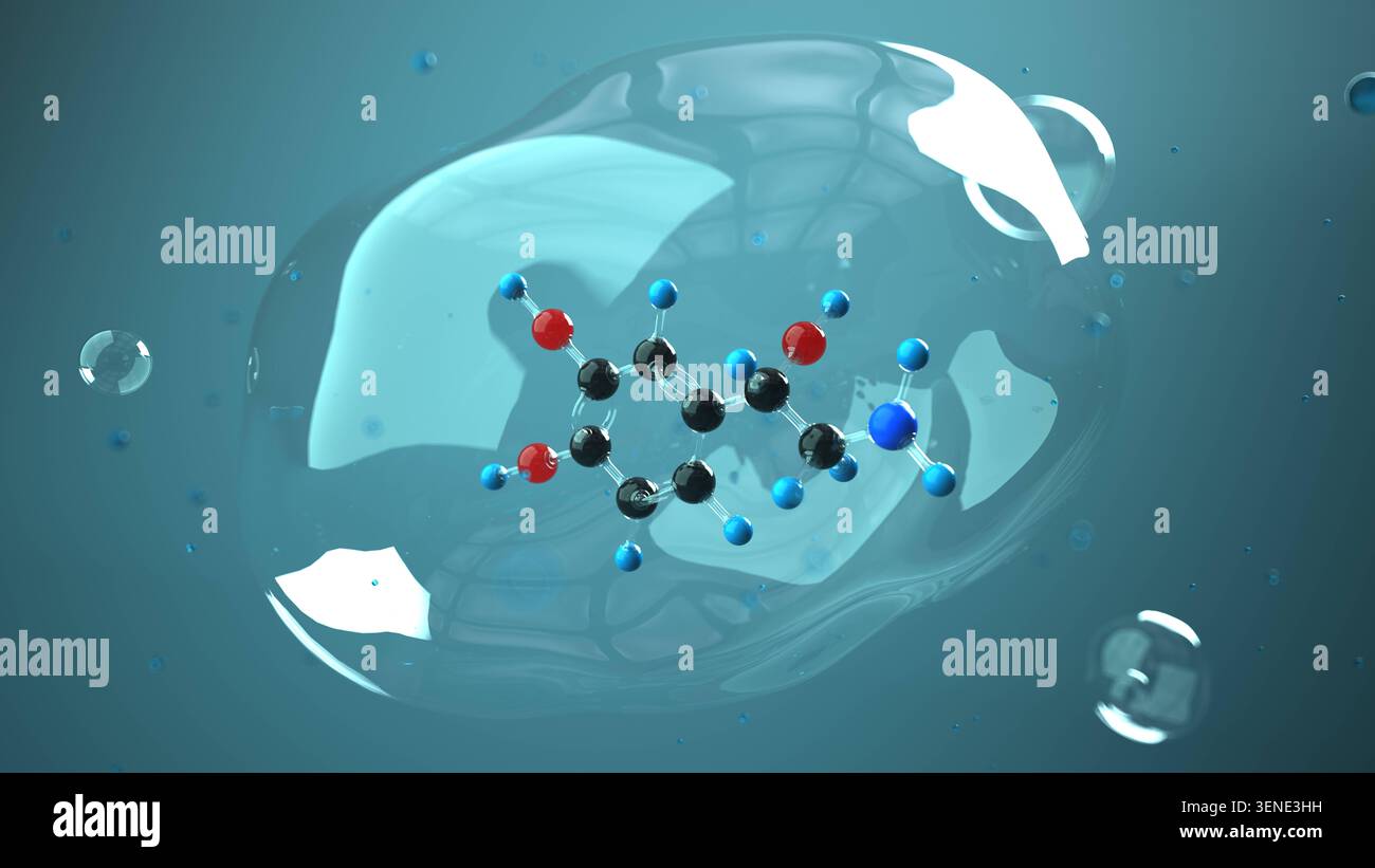 Norepinephrine molecule in the bubble and liquid environment. 3D ...