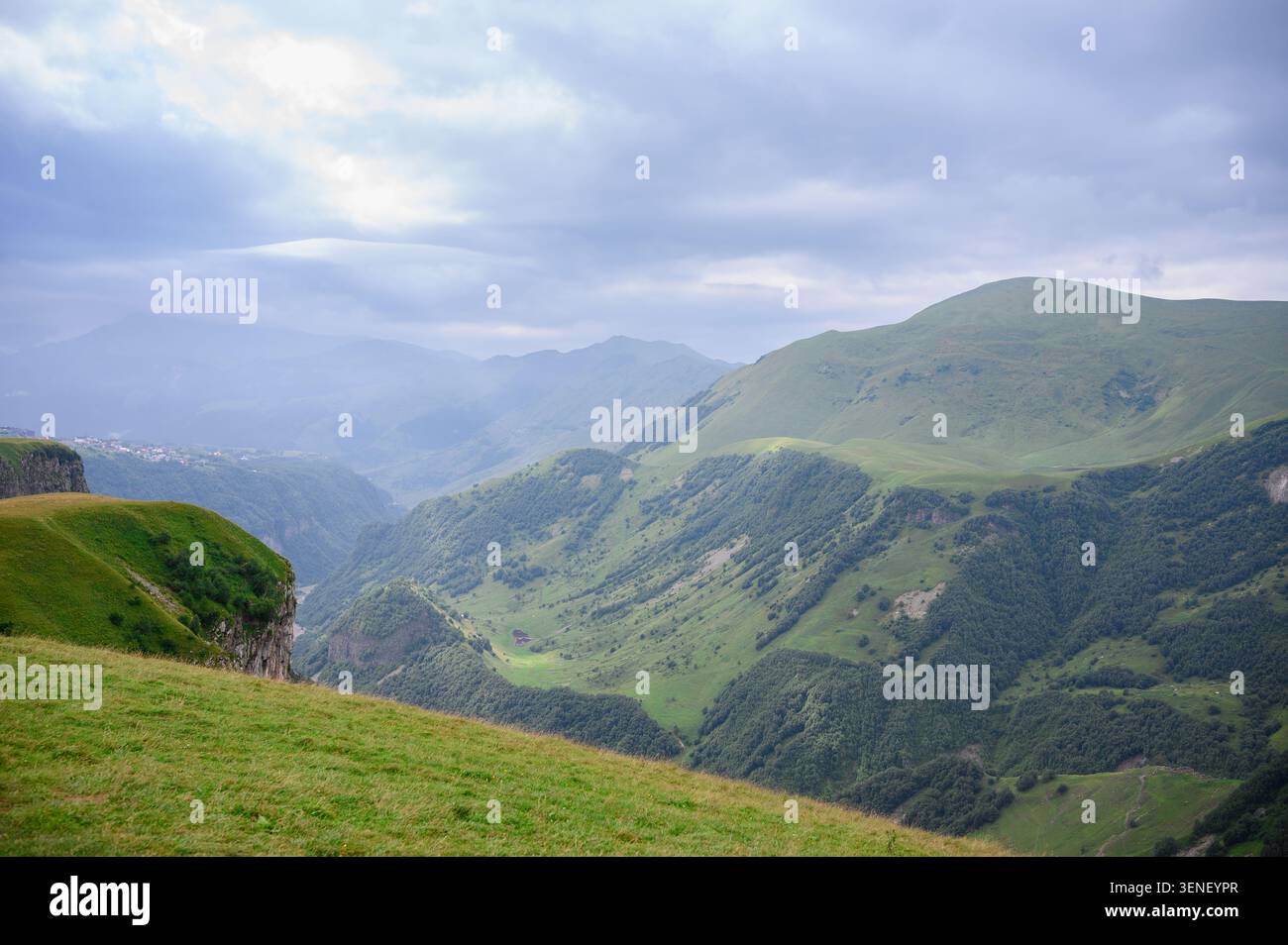 Panoramic view of the lush green Caucasus mountains in Georgia near ...
