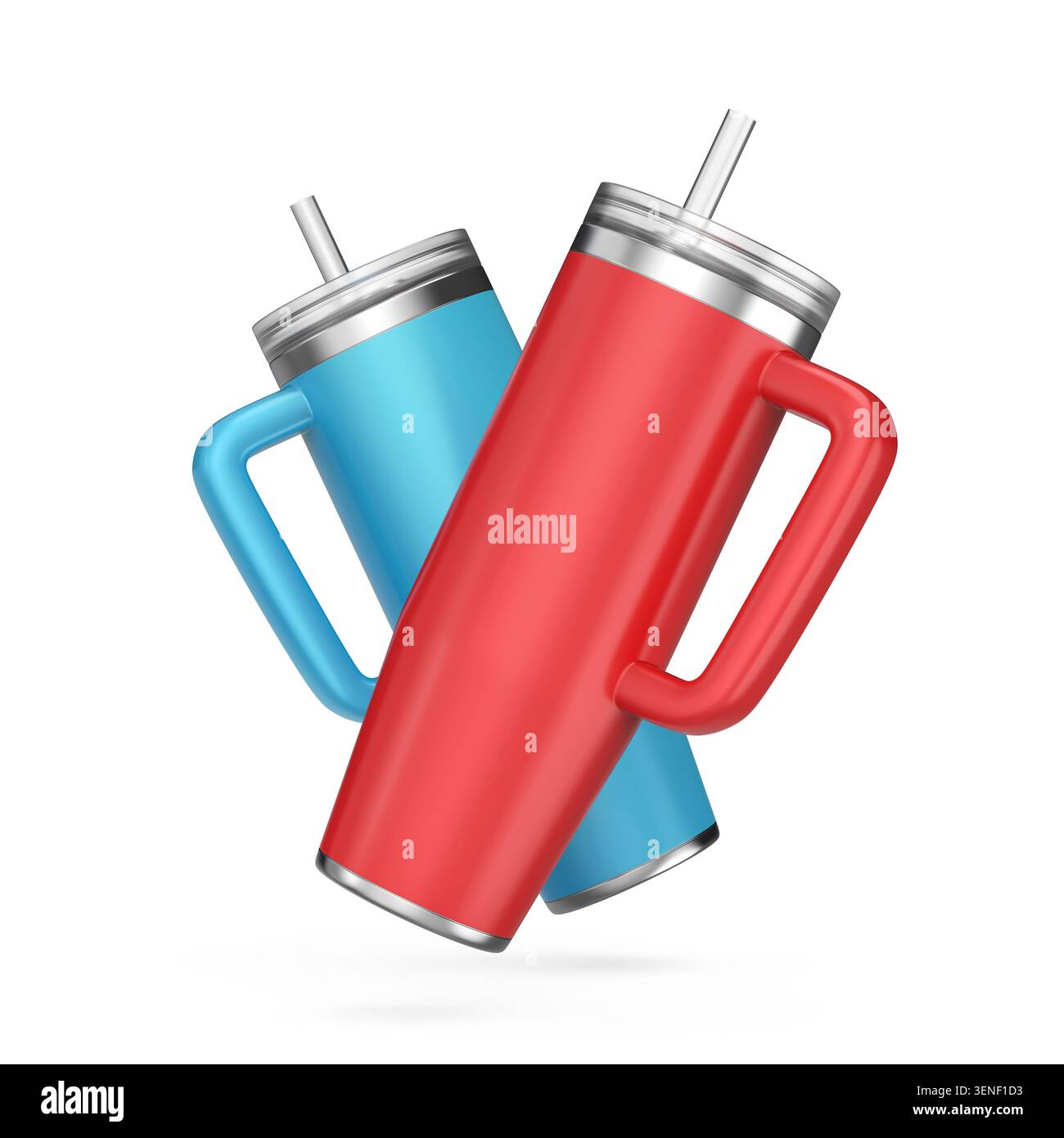 Red and blue insulated stainless steel tumblers on white background ...