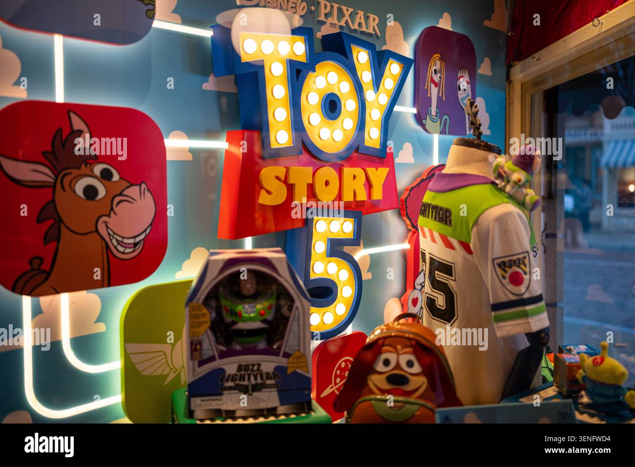 A Toy Story 5 sign and merchandise on display at Hong Kong Disneyland ...