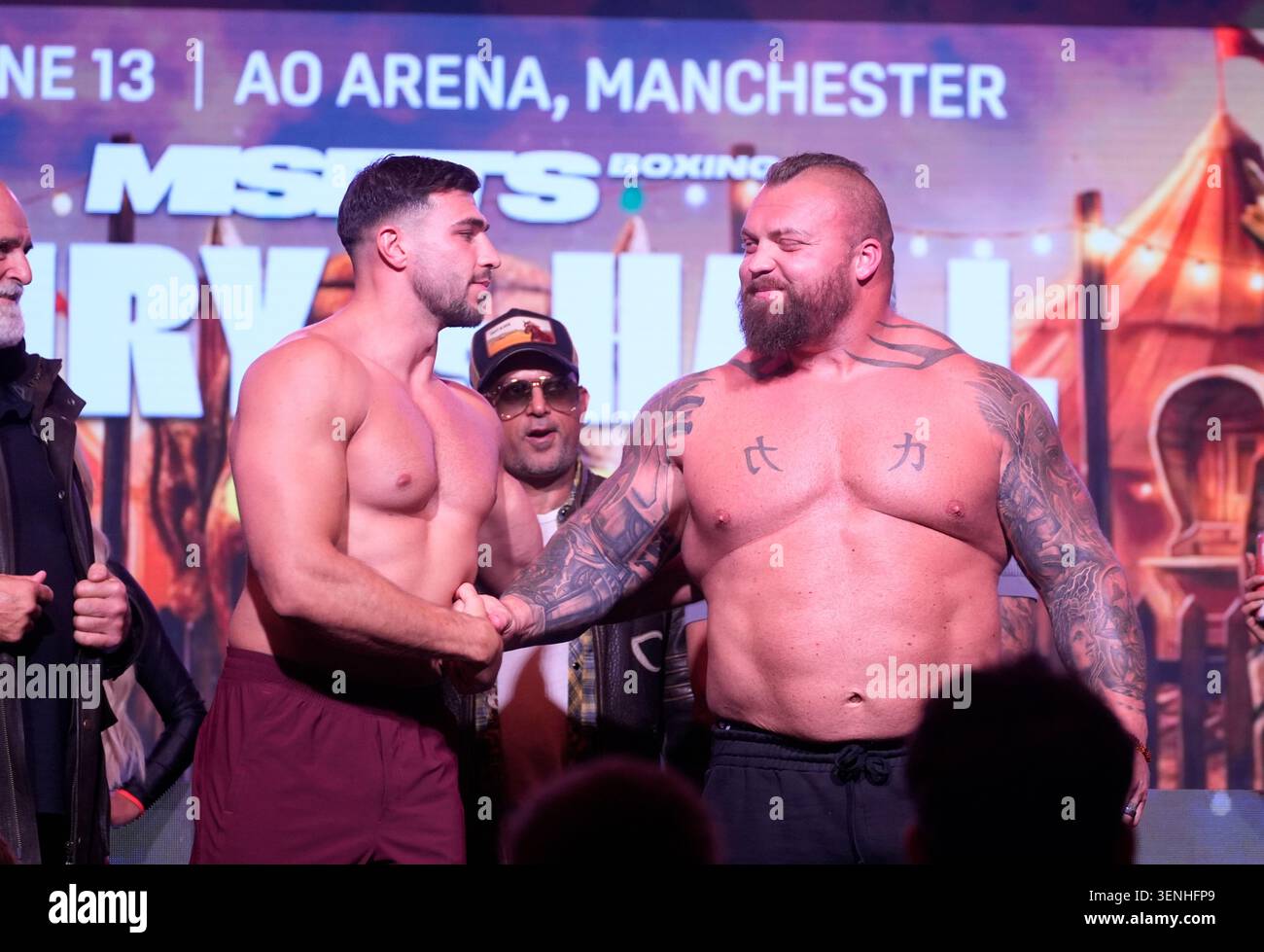 Tommy Fury and Eddie Hall shake hands during a press conference at New ...