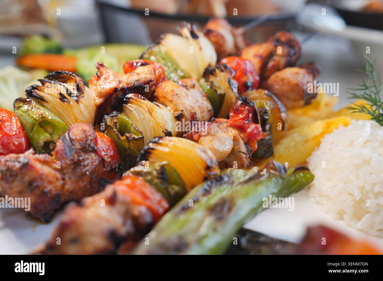 Grilled kebabs with vegetables and rice served on a plate Stock Photo ...