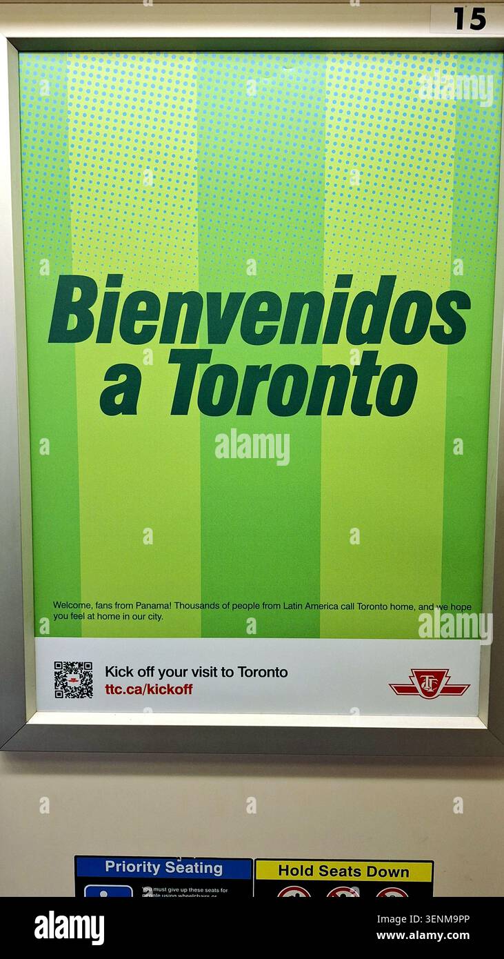 Toronto, ON, Canada - June 11, 2026: A poster welcoming Spanish ...