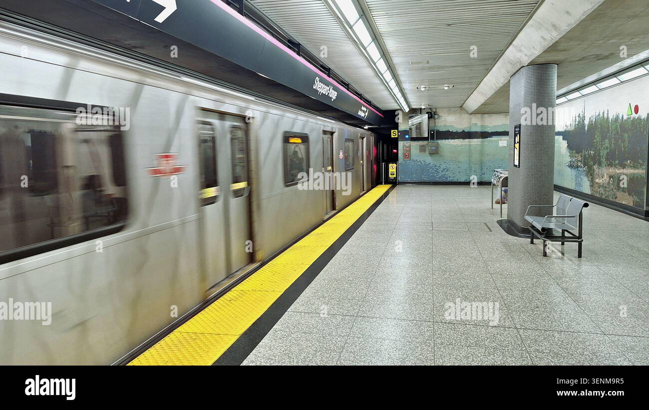 Toronto, ON, Canada - June 11, 2026 - An empty subway platform with a ...