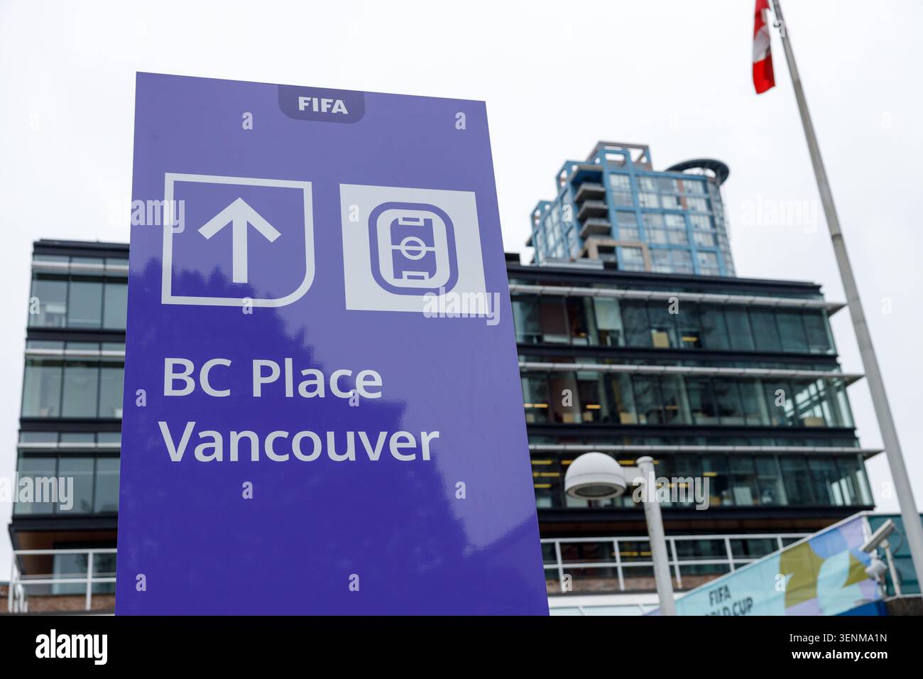Vancouver, Canada - June 8, 2026: A purple FIFA Gametrails pylon at the ...