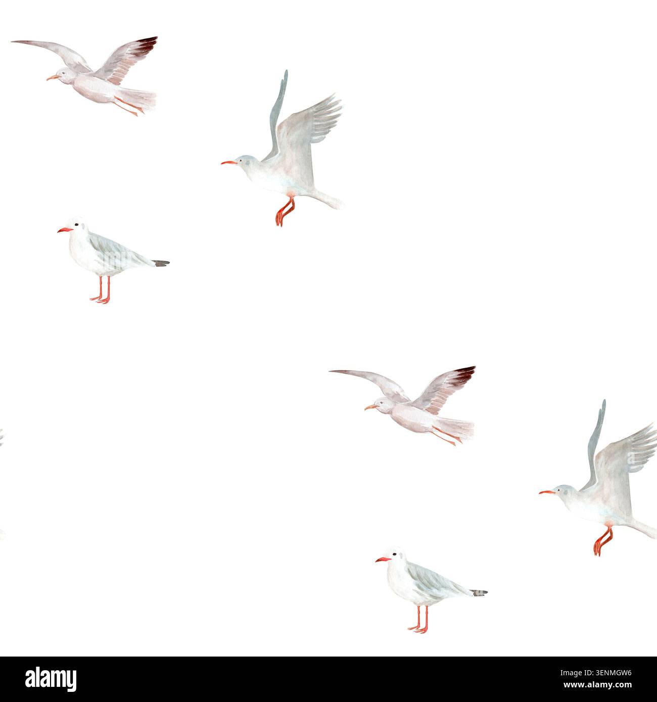 Watercolor seamless pattern with flying and standing seagulls. Minimal ...