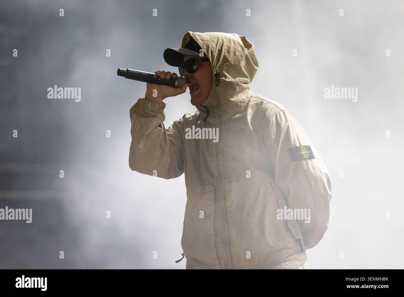 Mo Chara of the Irish hip?hop group Kneecap performs during the first ...