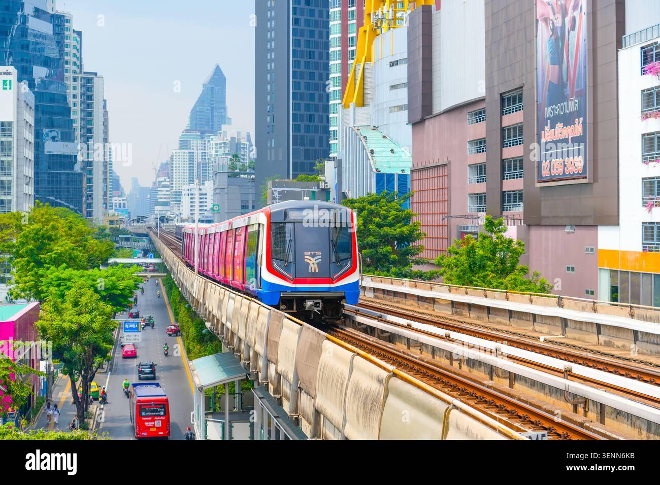 View of Bangkok skyline and skyscraper with BTS skytrain BTS sky train ...
