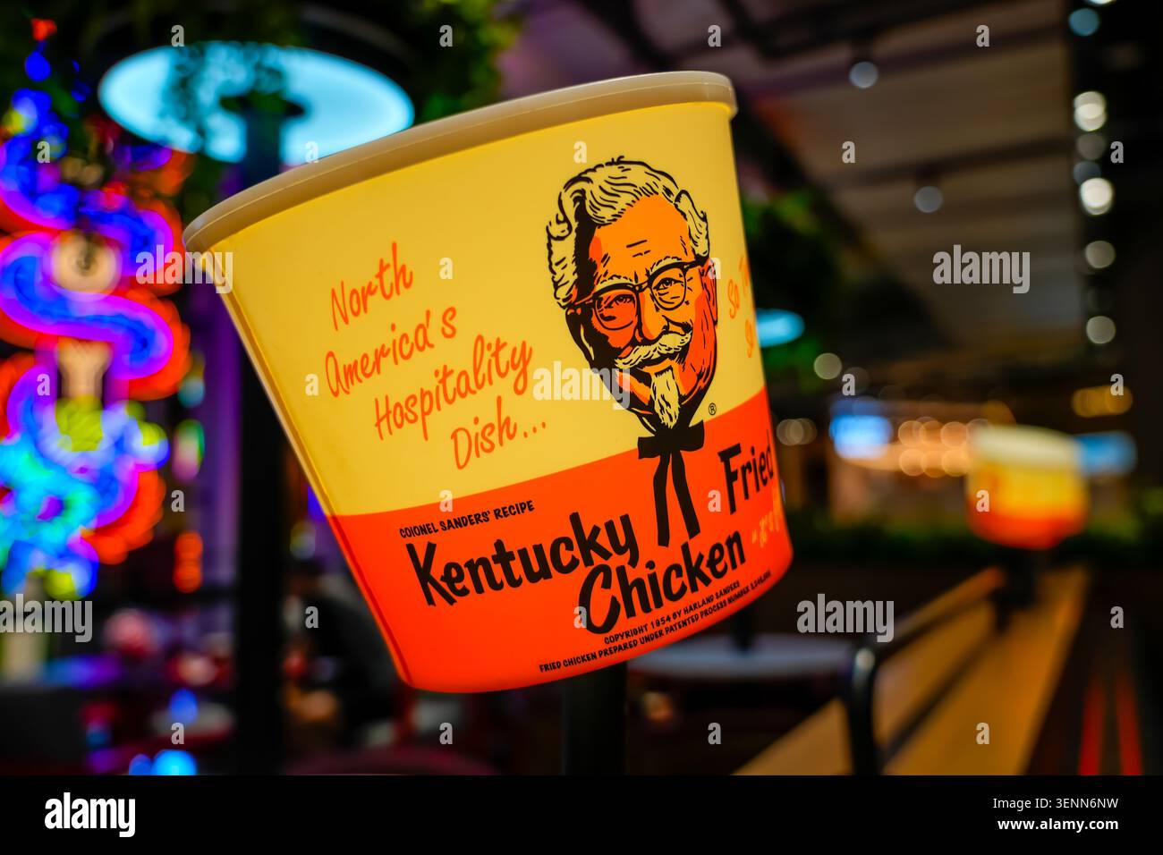 Branded bucket decoration in a fast food restaurant KFC. Thailand ...