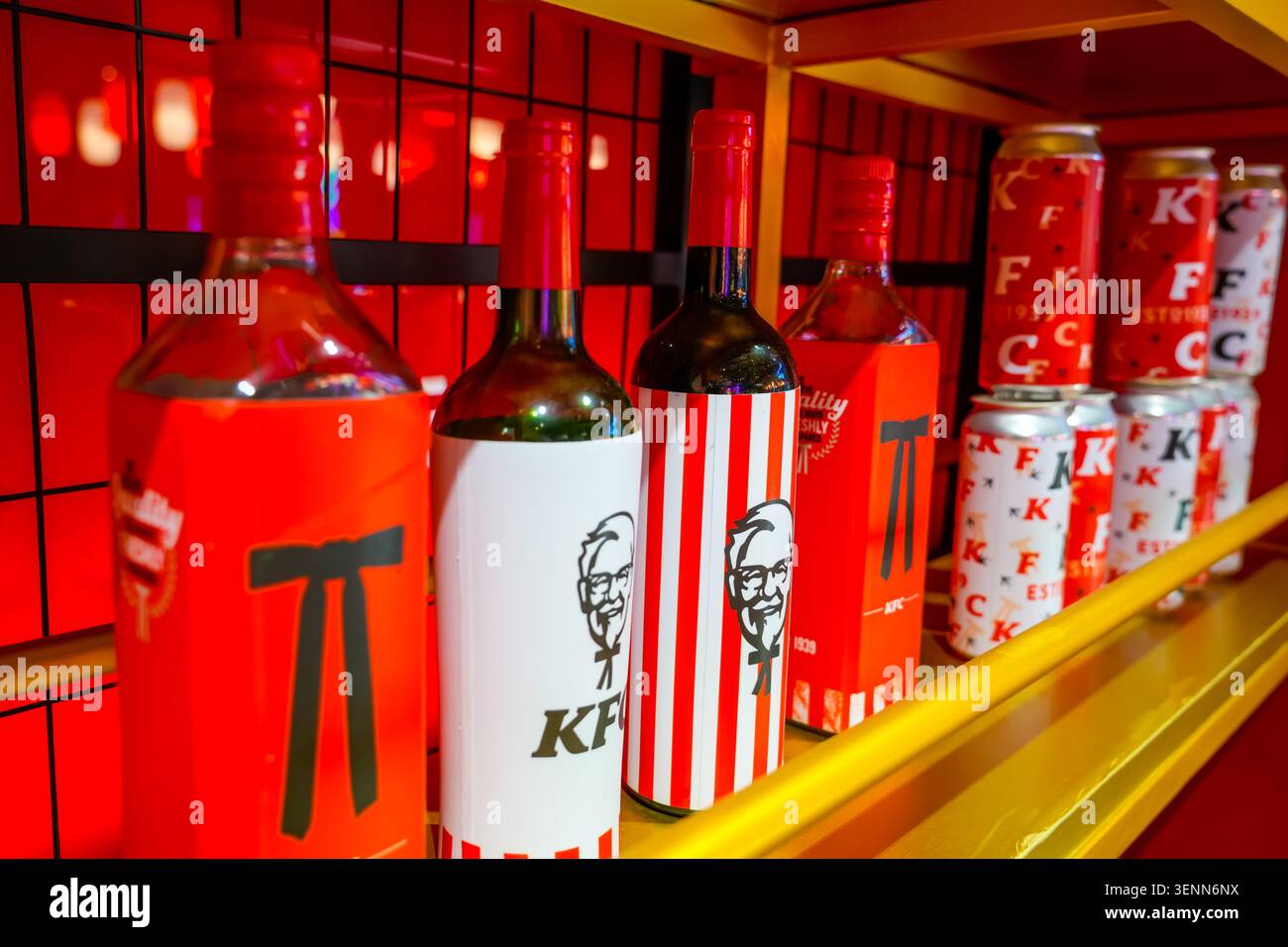 Branded shelf with drinks and containers on the shelves decoration in a ...