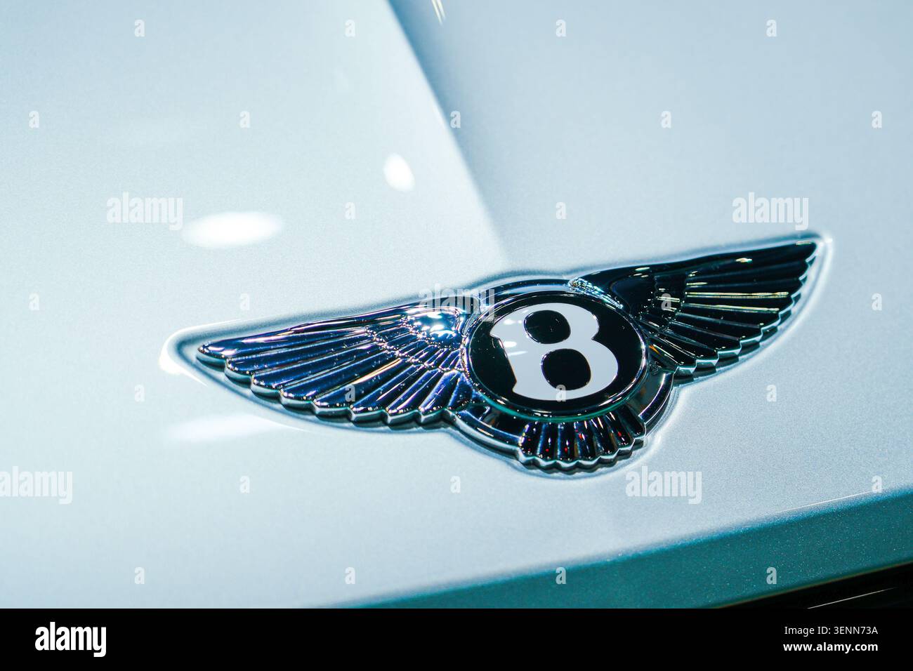Luxurious white hybrid car Bentley Bentayga logo. Thailand, Bangkok 07 ...