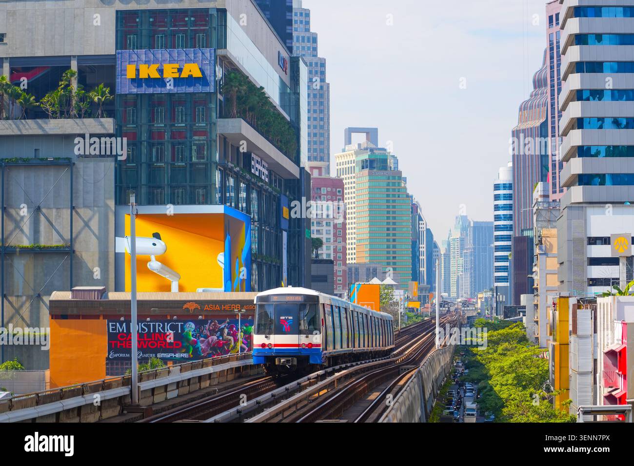 View of Bangkok skyline and skyscraper with BTS skytrain BTS sky train ...
