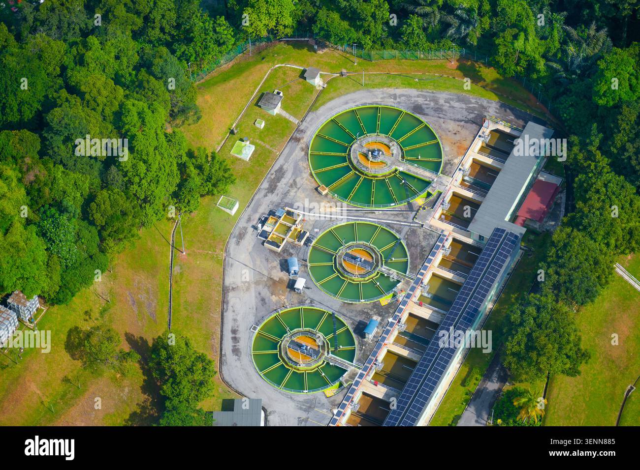 Aerial top view of wastewater treatment plant, filtration of dirty or ...