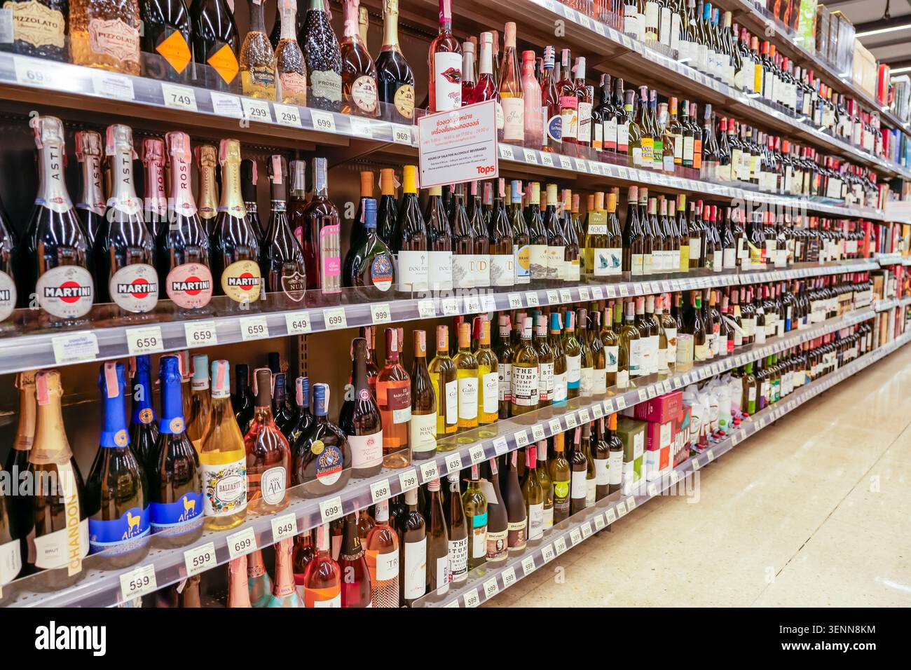 Supermarket interior tops market wine champagne. Thailand, Bangkok. 24 ...