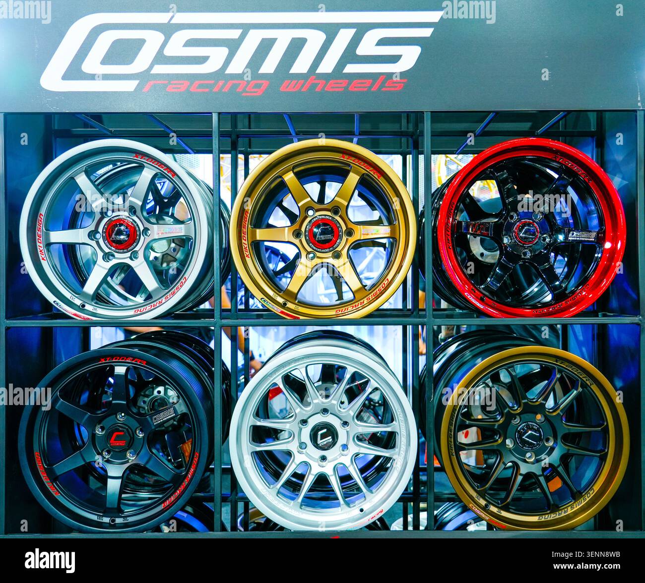 Racing Wheels different colors on the exhibition stand. COSMIS Max show ...
