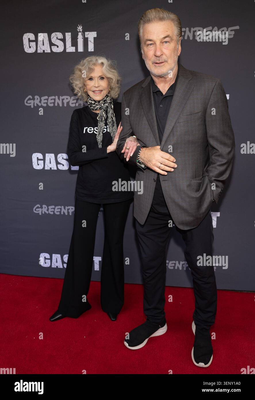 Jane Fonda, left, and Alec Baldwin attend the premiere of "Gaslit" at ...