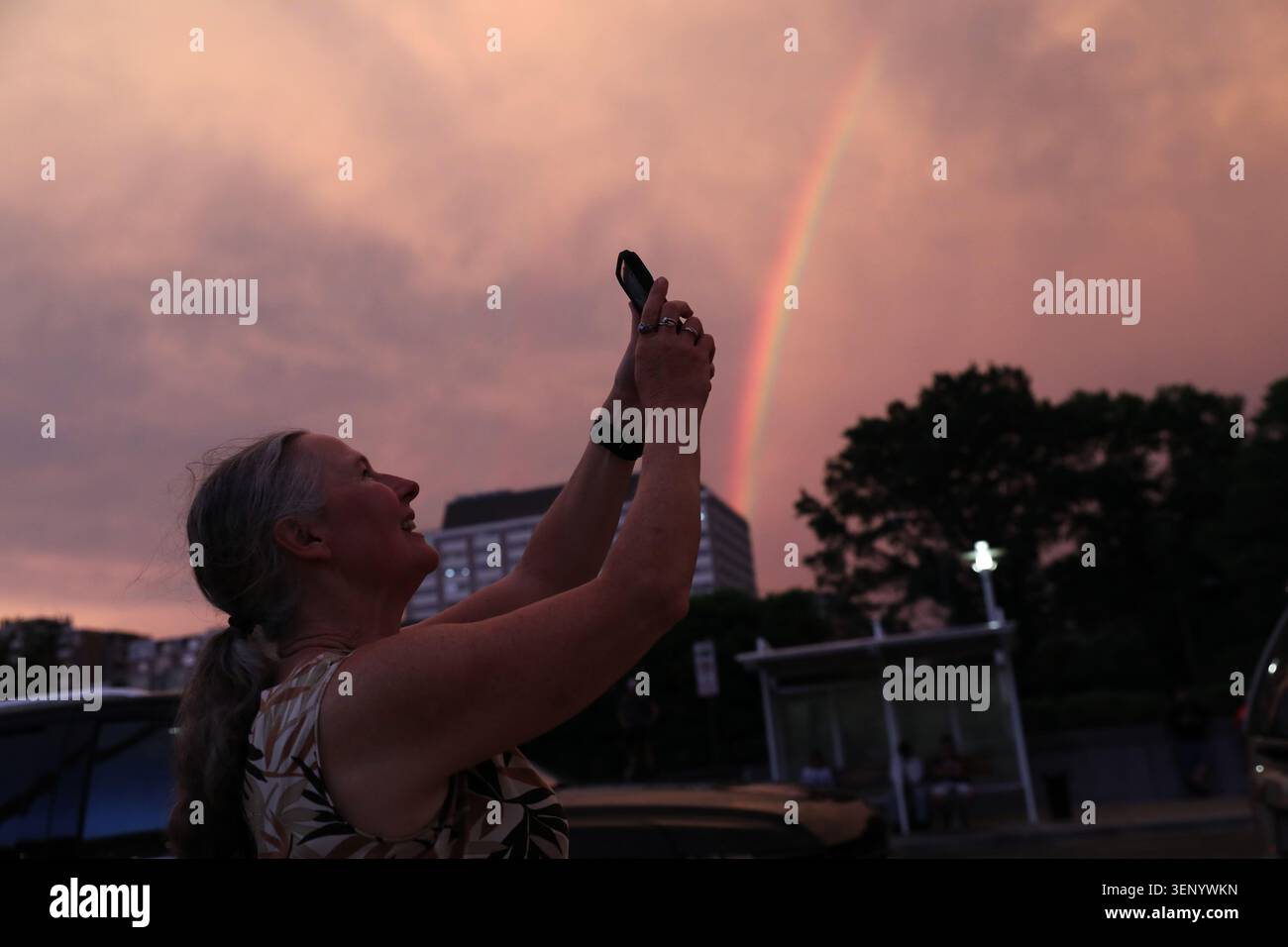 A double rainbow is seen from the John F. Kennedy Center for the ...