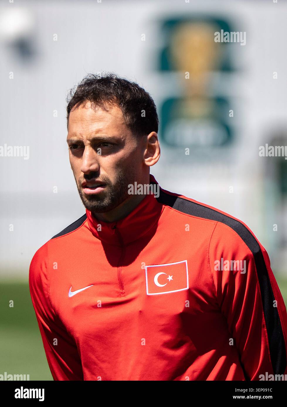 Turkey's Hakan Calhanoglu warms up during a training session before the ...