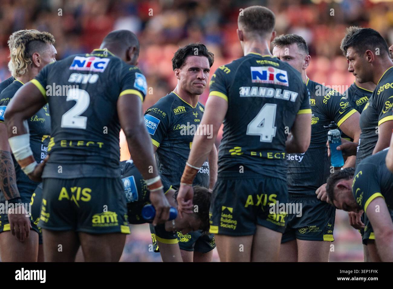 Brodie Croft and players of Leeds during the Betfred Super League 2026 ...