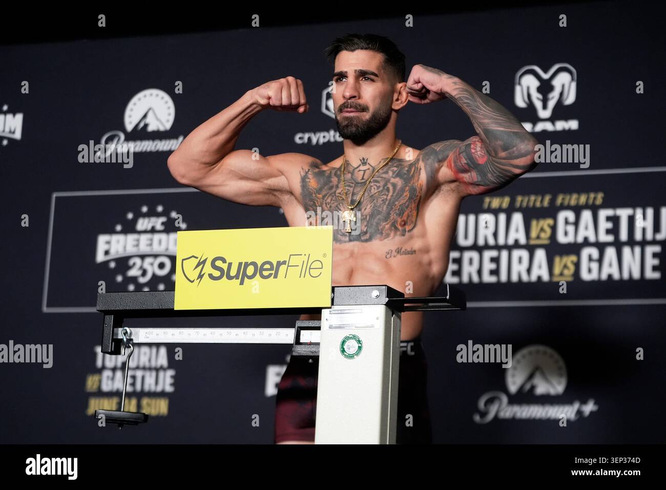 Lightweight fighter Ilia Topuria poses during the official UFC Freedom ...