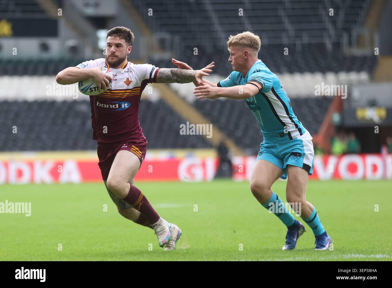 Connor Wrench fends off a Hull defender during the BetFred Super League ...