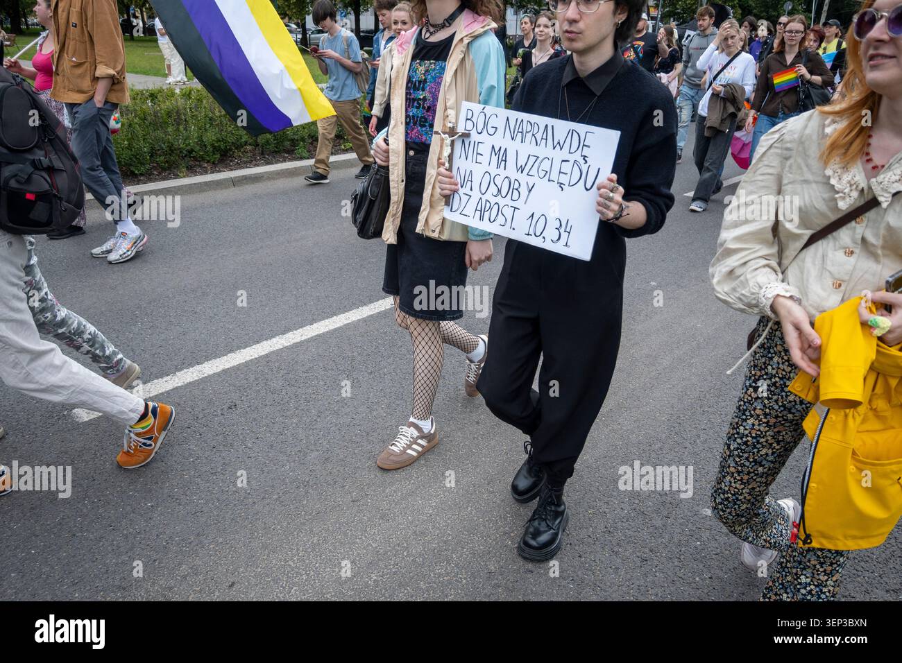 Warsaw, Poland. 13 June 2026. Participant holding a banner seen during ...