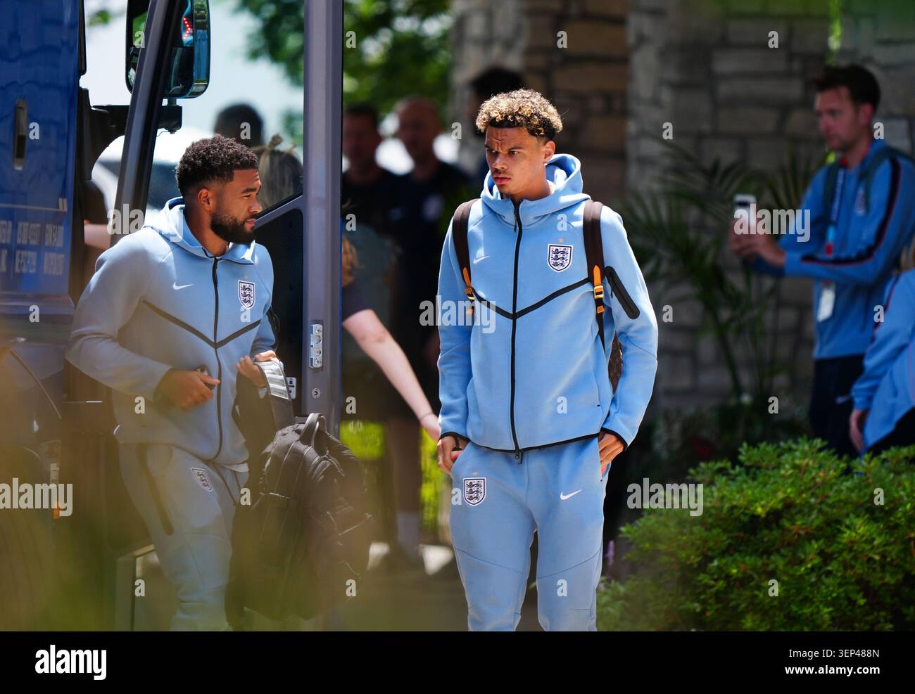 England's Nico O'Reilly and Reece James arriving at the team hotel ...