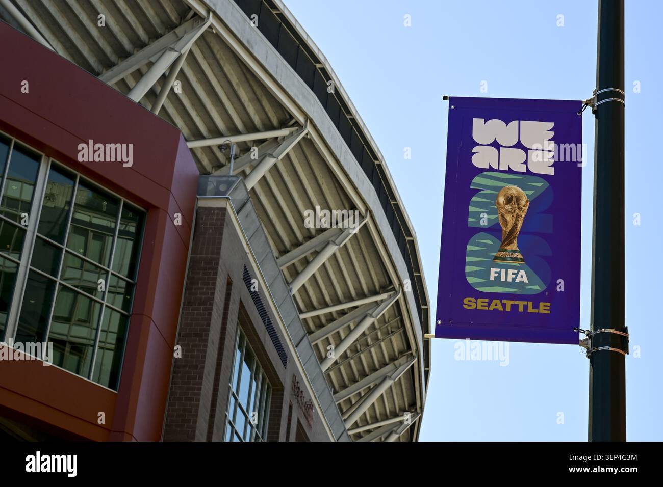 Fifa WC logo around the Lumen Field stadium, in Seattle, USA, on ...