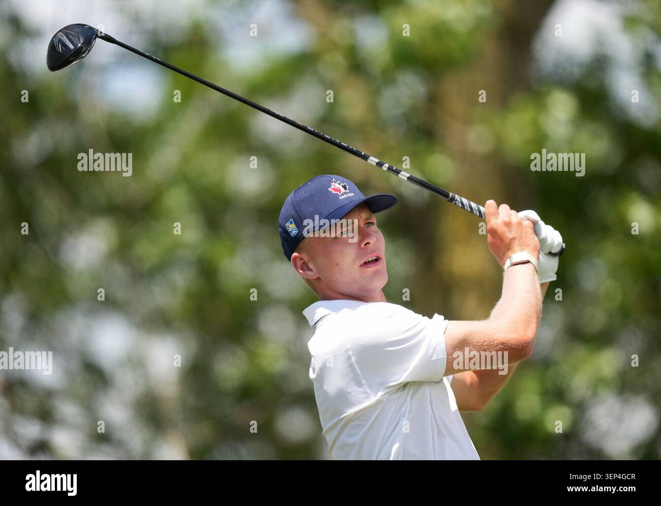 Canadian Justin Matthews hits his tee shot on the 17th hole during ...