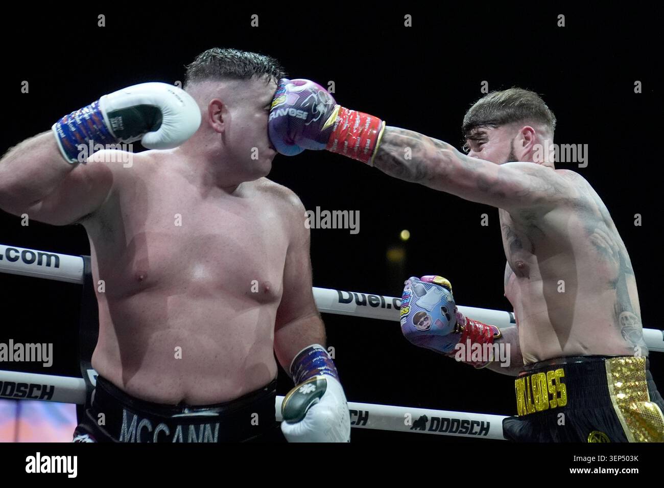 Ibiza Final Boss in action against Jordan McCann at the AO Arena ...