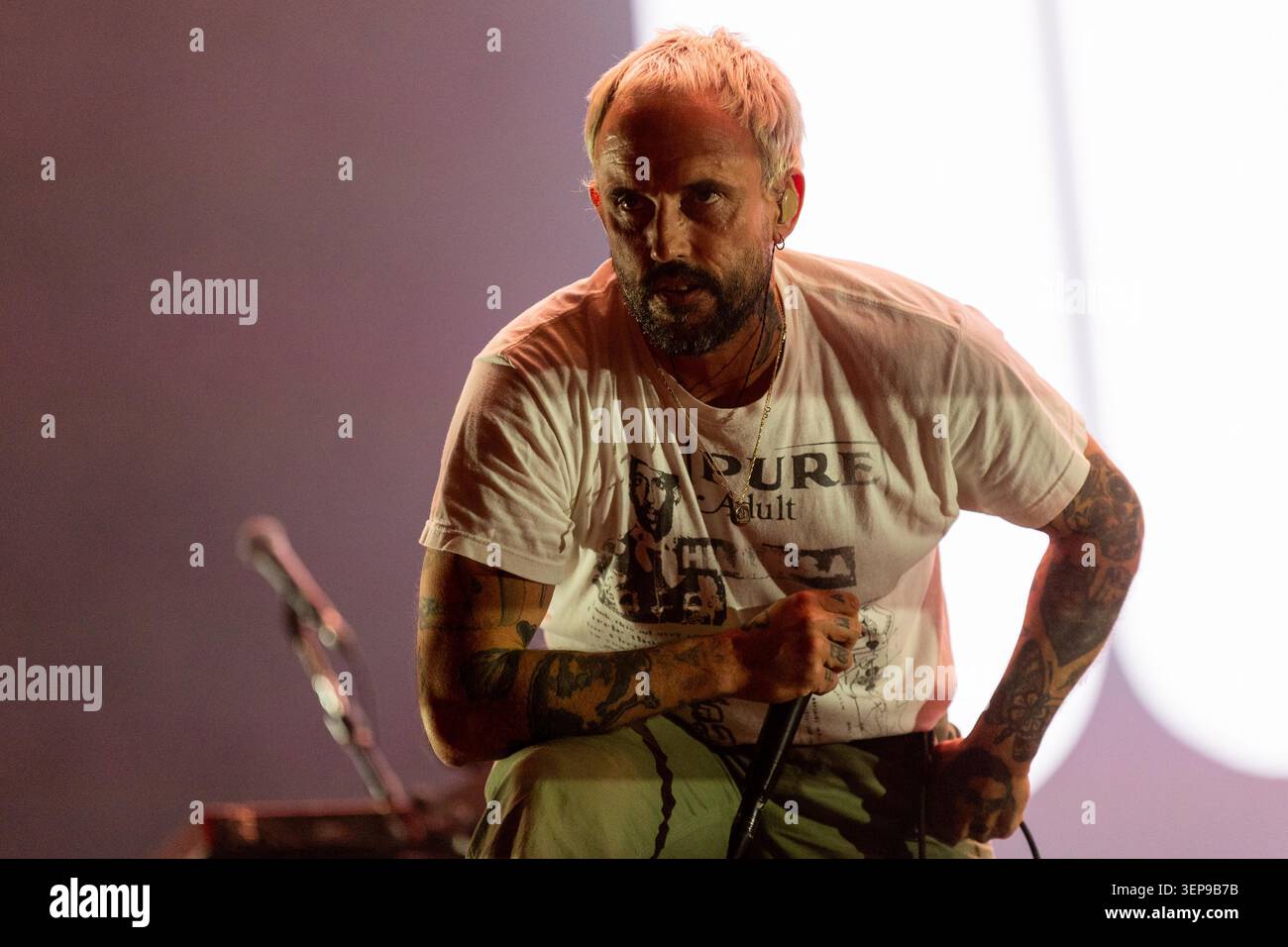 Joe Talbot, vocalist of the British punk band IDLES, performs during ...