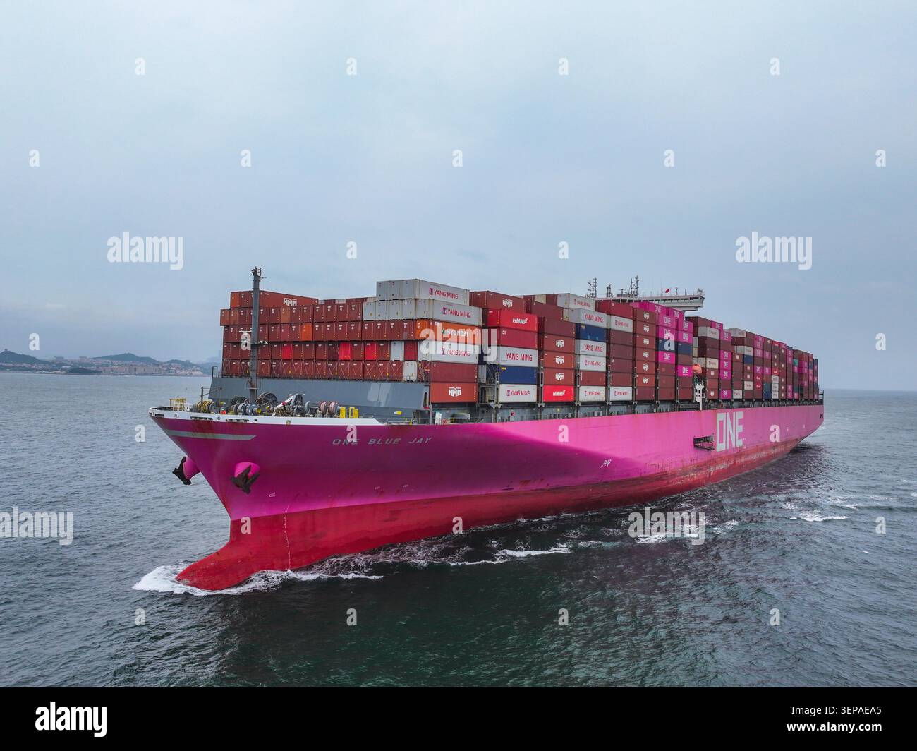 A large ONE container ship and an HMM cargo ship navigate Qingdao Port ...