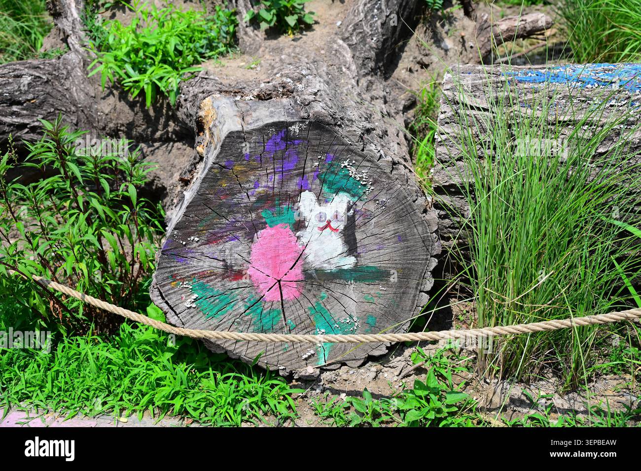 Vibrant cartoon paintings adorn withered tree trunks at Lotus Pond Park ...