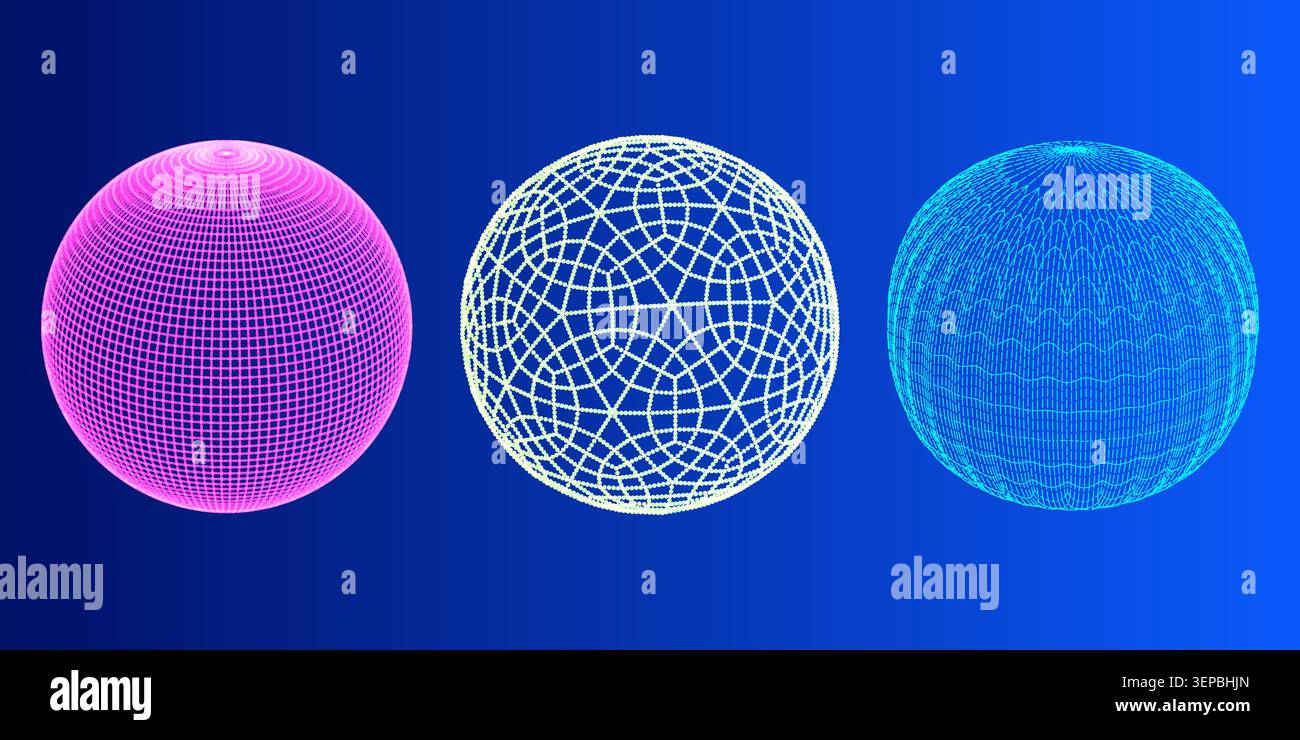 Three geometric wireframe spheres with grid patterns on blue gradient ...