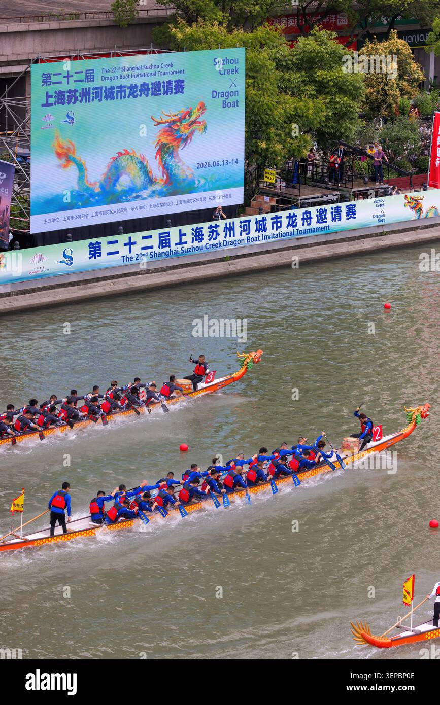Competitors race during the 2026 Suzhou River Dragon Boat Invitational ...